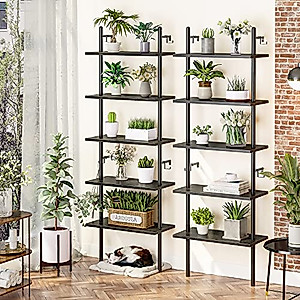 Bestier 70" Ladder Shelf Wall Mounted Industrial 5 Tier Bookshelf Plant Flower Shelf with Round Metal Tube 2 Hooks for Wall Storage Display in Home Office,Kitchen,Bathroom,Black