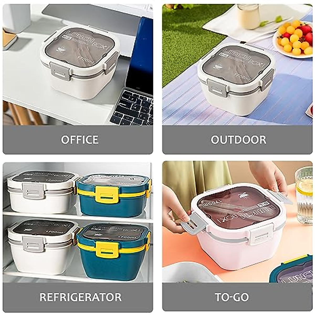 Temiminime Salad Lunch Containers for Adults with Portable Bag,60oz/1.7L Large Plastic Salad Bowls for Lunch, BPA-Free, 4-Compartment Tray & a Sauce Cup, Lid with Dual-Latches, White