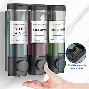 Shampoo and Conditioner Dispenser Shower Dispenser Body Wash Wall Mounted Shampoo Dispenser for Shower Wall No Drill for Bathroom Hotel 3 Chamber x 300ml Black with Waterproof Labels