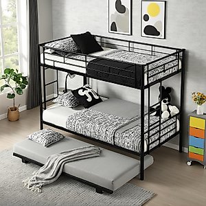 UOCFYK Twin Over Twin Metal Bunk Bed with Trundle,Twin Metal Bed Frame with 2 Ladder and Guardrails&Convertible Bunkbeds for Boys/Girls,Space Saving Design,No Spring Box Required,Black