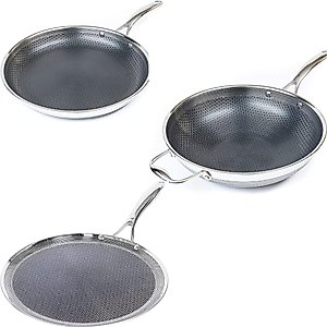 HexClad 3 Piece Hybrid Stainless Steel Cookware Set - 12 Inch Fry Pan, 12 Inch Griddle Skillet, 12 Inch WoK - Stay-Cool Handle - Dishwasher Safe, Non Stick, Works on Induction, Gas, & Electric Stove