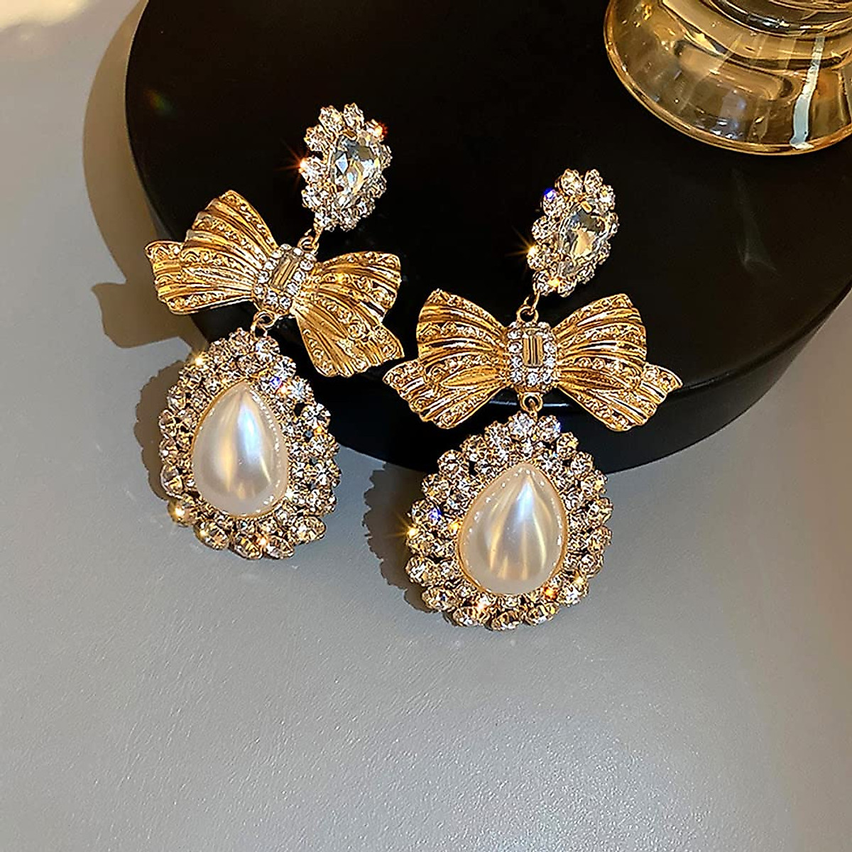 Wiwpar Large Teardrop Dangle Earrings Sparkly Rhinestone Pendant Drop Earrings Bow Dangle Earrings Gold for Women