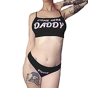 Sexy Women Come Here Daddy Please Print Strappy Lingerie Set 2PCS See Tank Tops and Panty Sets Pajamas Sleepwear (Black, M)