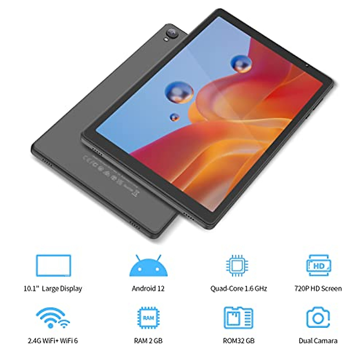 PRITOM TAB 10 Tablet 10 inch Android 12 Tabletas 32GB, Quad-Core 1.6Ghz Processor, 6000mAh, 1280 * 800 HD IPS Display WiFi 6, Dual Camera, Bluetooth, Tablet PC(Gray)