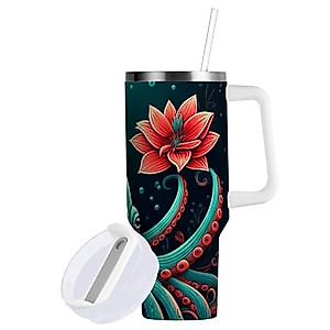 Octopus Flower Stainless Steel Tumblers with Straw and Handle for Water, Tumbler Cups 30 OZ / 0.89 L