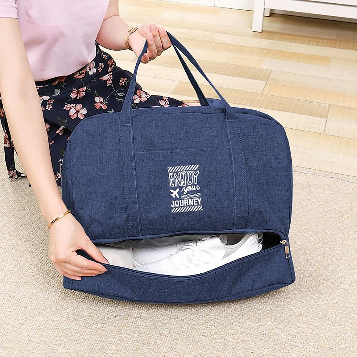 Travel Tote Bag,For Spirit Airlines Personal Item Bag 18x14x8 Foldable Travel Duffel Bag Tote Lightweight Weekender Overnight Carry on Luggage Bag for Women and Men (B-Dark blue-With Shoe Cabinet)