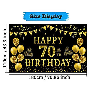 Trgowaul 70th Birthday Backdrop Gold and Black 5.9 X 3.6 Fts Happy Birthday Party Decorations Banner for Women Men Photography Supplies Background Happy Birthday Decoration