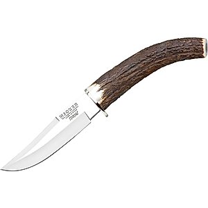 Joker Hunting Knife Luchadera CC71, with Deer Horn Handle, Blade 4.33 inches, Contains Brown Leather Sheath, Tool for Fishing, Hunting, Camping and Hiking