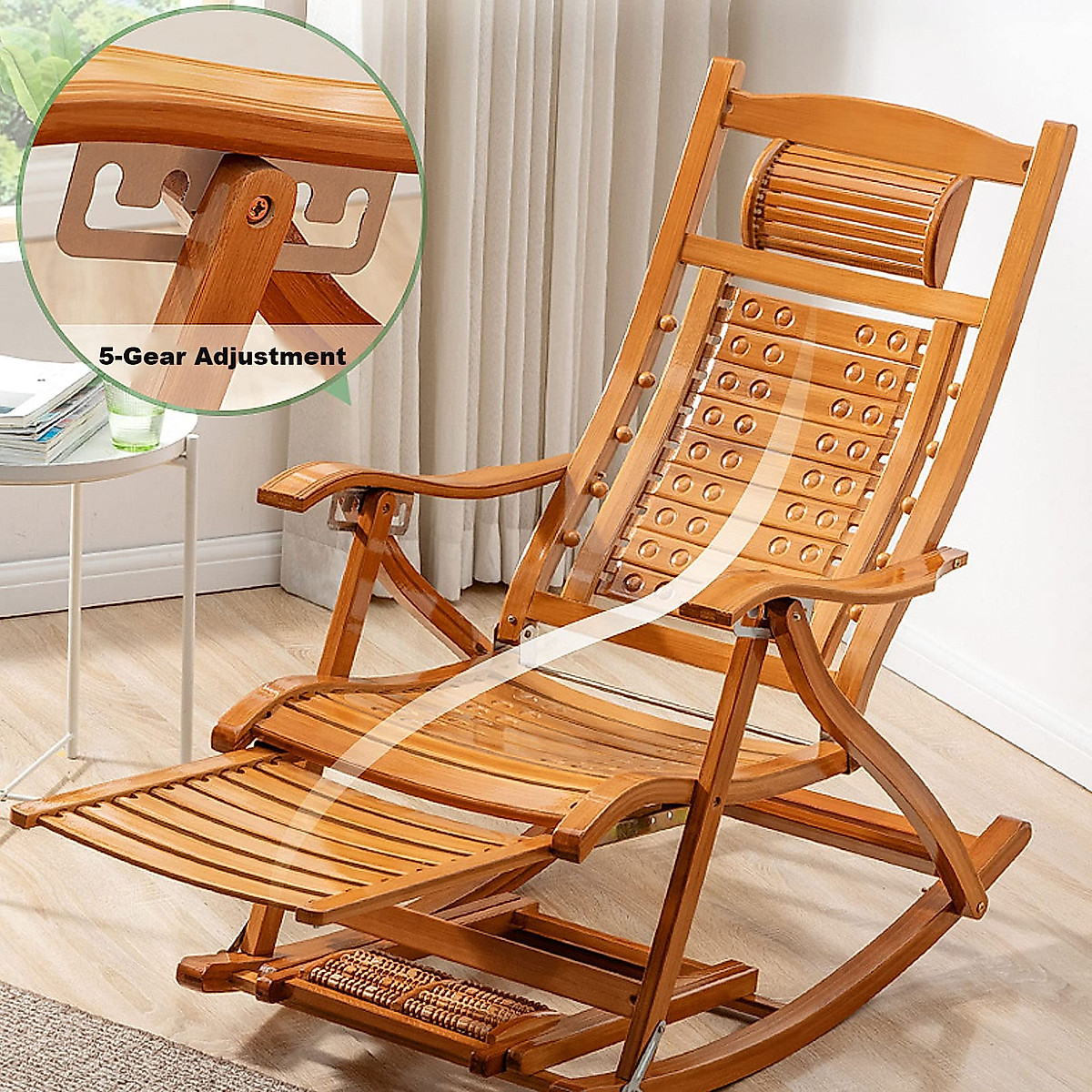 Lounge Chair, Zero Gravity Chair Folding Chairs, Reclining, Garden Rocking Chair Multifunctional Nap Chair, with Foot Massage Wheel Bamboo Lounge Chair