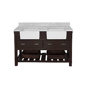 Charlotte 60-inch Double Farmhouse Bathroom Vanity (Carrara/Chocolate): Includes Chocolate Cabinet with Authentic Italian Carrara Marble Countertop and White Ceramic Apron Sinks