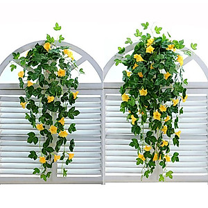 XHSP 2 Bunches Artificial Vines 35.4" Morning Glory Hanging Plants Silk Garland Fake Green Plant Home Garden Wall Fence Stairway Outdoor Wedding Hanging Baskets Decor