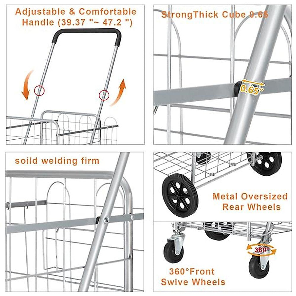 XYYSSM Iron 1200mm Telescopic Armrest 0.8mm 16# Round Tube 50kg Silver Foldable Shopping Cart, Shopping Cart with Dual Swivel Wheels for Groceries - Compact Folding Portable Cart Saves Space