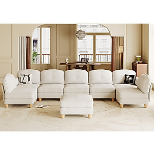 LLappuil Oversized Modular Sectional Fabric Sofa Set, Extra Large L Shaped Couch Reversible Chaise Modular Sectional Couch, 113.5 inch Width,8 Seat Modular Sofa with Storage Ottoman, Linen,Off White