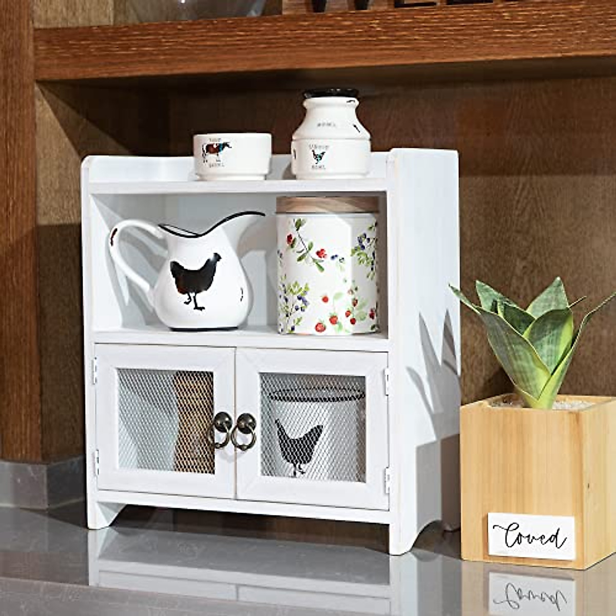 COLLECTIVE HOME - 2 Tiered Storage Cabinet, Countertop Cabinet, Wood Organizer for Kitchen Living Room Bedroom Bathroom Office with Magnetic Door, 15.75 x 14.5 x 6.5, White, 01