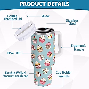 ARGTILDN 30 oz Tumbler Cupcakes Fruit Cherry Insulated Travel Mug with Handle and Straw Lid Stainless Steel Vacuum Coffee Cup Tea Beverage Container Water Bottles for Car Sports office