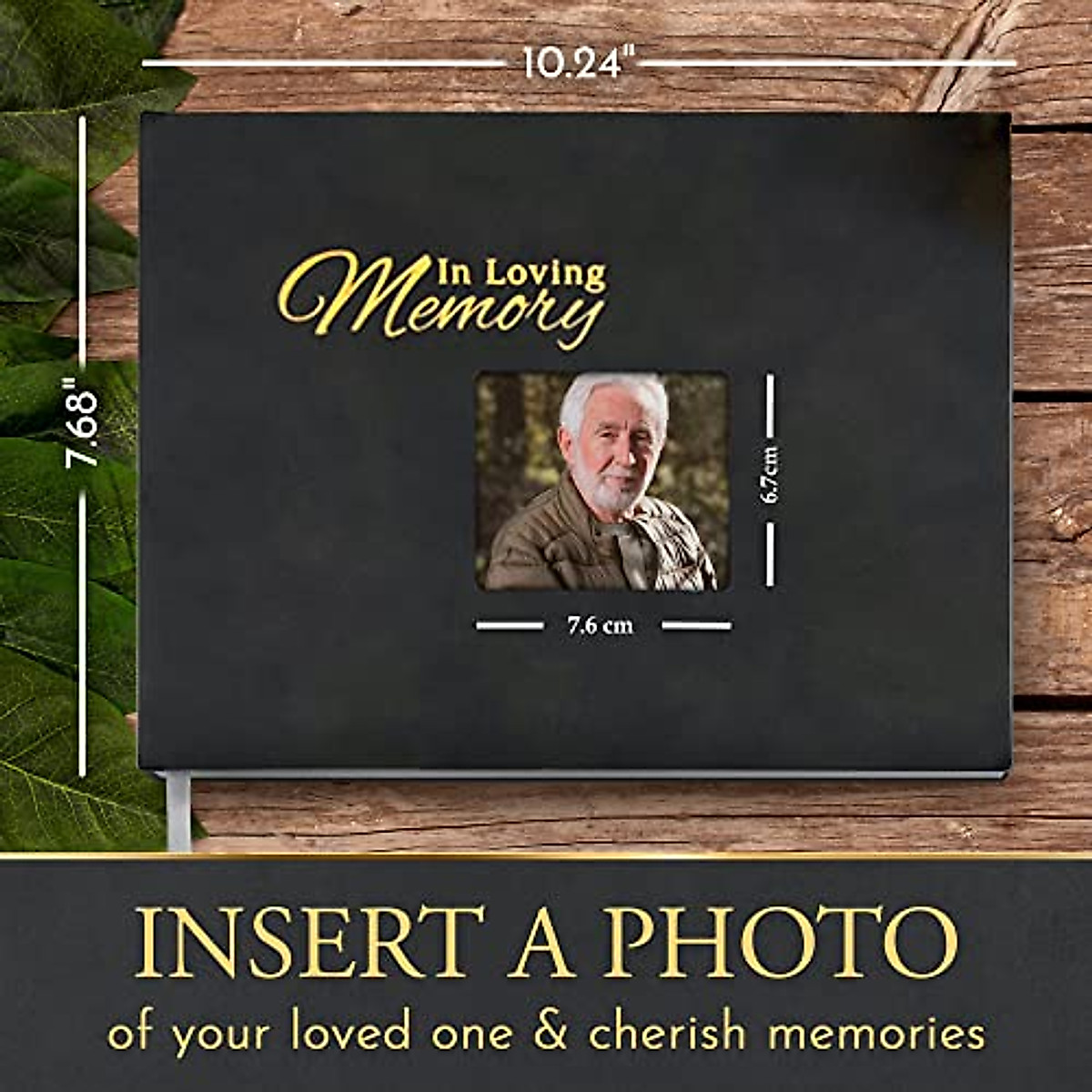 Classic Funeral Guest Book for Memorial Service, Set 4 pcs for Memorial Service, PU Golden Embossed Cover, Table Display Sign, and 2 Black Gold Gel Pen and 42 Sheets (84 Pages).