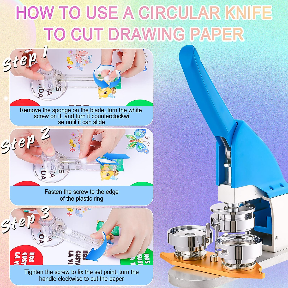 Button Maker Machine 58mm(2.25in) Installation-Free DIY Pin Badge Button Maker Press Machine Button Round Badge Maker Punch Press Machine with 100 Set Button Parts&Circle Cutter &Cutting Plate&Spanner