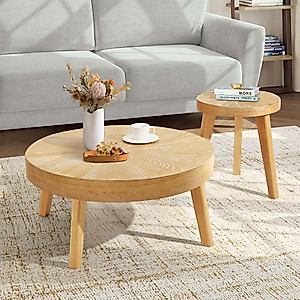 HOKYHOKY Farmhouse Round Coffee Table Set of 3, Boho Sofa Side Nesting Tables End Table Set with Wood Natural Finish for Living Room, Bedroom, Home Office,Natural