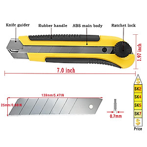 FeiLyKi 25mm 3-Pack Box Cutter Construction knife Heavy Duty Utility Knife Exacto knife,Retractable 10 SK5 Snap Off Blades-2063