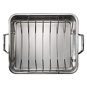 Tramontina 16.5-Inch Stainless Steel Deep Roasting Pan with Basting Grill and V-Rack, Turkey Roaster for Oven, Dishwasher Safe, Made in Brazil