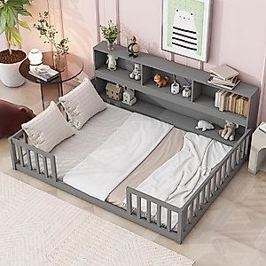 Harper & Bright Designs Full Size Floor Bed with Bedside Bookcase, Shelves, Guardrails, Wood Montessori Bed with Storage, Grey