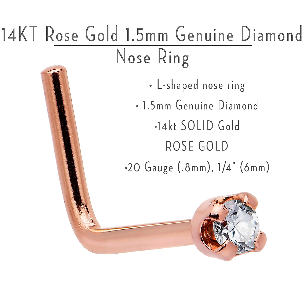 Body Candy 20 Gauge 1/4" at Bend 14k Rose Gold 1.5mm Diamond (0.015 cttw) L-Shaped Nose Ring Nose Stud