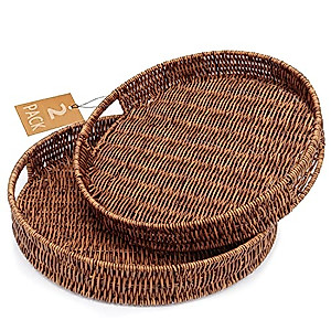 Set of 2 Rattan Serving Tray Round Rattan Basket Trays with Handles for Breakfast, Large Woven Decorative Tray for Coffee Table, Kitchen, Bathroom (12.6in + 13.8in)