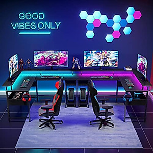 Rolanstar Computer Desk L Shaped with LED Strip & Power Outlets, Reversible L Shaped Computer Corner Desk with Monitor Stand, Home Office Gaming Desk with USB Port&Hook, Black