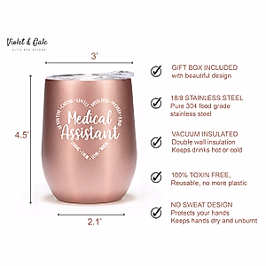 VIOLET & GALE 12oz Wine Glass Tumbler, Rose Gold, Medical Assistant Appreciation Week Gift, Thermal Insulated Coffee Mug with Lid, for Women, MA Graduation, CMA