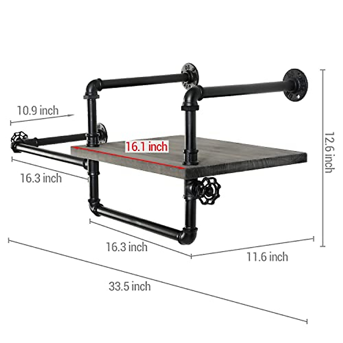 MyGift Industrial Garment Closet Hanging Organization System, Wall Mounted Black Metal Pipe Clothing Rod Rack with Weathered Gray Wood Display Shelf and Vintage Valve Accents