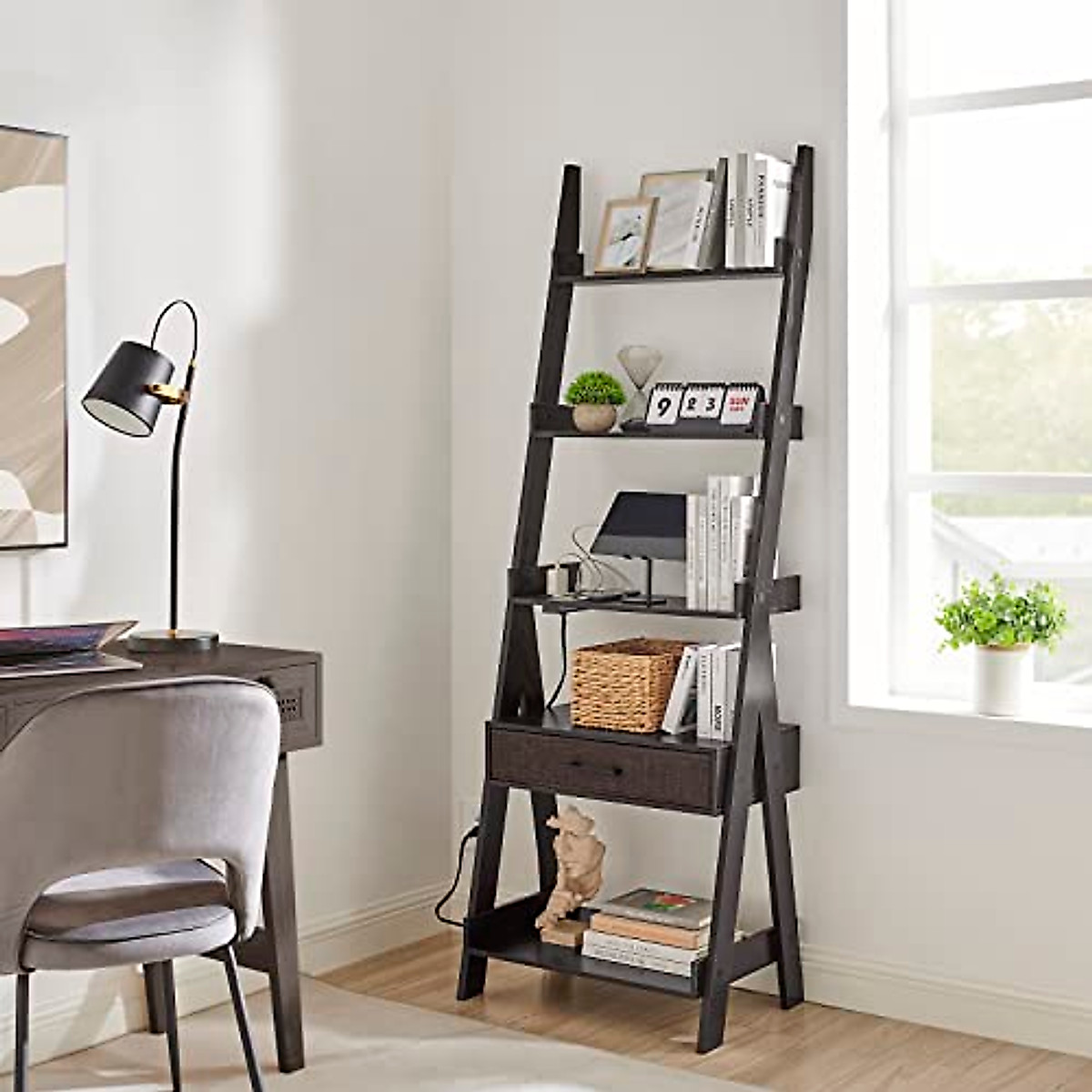 Lovitgo Modern Ladder Shelf, 5 Tiers Industrial Ladder Bookshelf, Comes with Power Outlet and Fast Charging, Wooden Bookcase with Drawers for Living Room, Home Office, Bedroom, Espresso Color