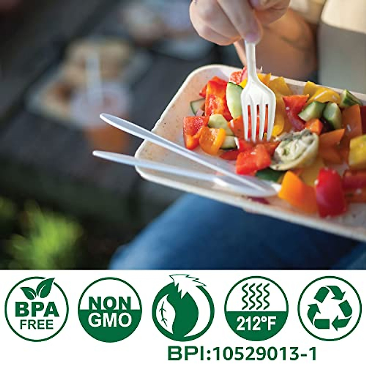 BIOCEAN 100% Compostable No Plastic Knives Plastic Forks Plastic Spoons Plastic Utensils, The Heavyweight Heavy Duty Flatware is Eco Friendly Products for Lounge Party Wedding BBQ Picnic Camping.