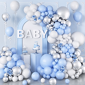Blue White Balloon Arch Kit, 108 Pcs Blue Silver White Balloon Garland with 18/12/10/5 Inch Pastel Baby Blue White Silver Latex Balloons for Boys Baby Shower Birthday Wedding Graduation Decorations