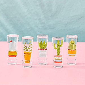 BLUE PANDA 5 Pack Shot Glasses Set with Cactus Designs for Bachelorette, Fiesta Supplies, Western-Themed Party, Round, Decorative Shot Glasses with Heavy Base for Tequila, Whiskey, Vodka (2 oz)