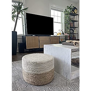 S & L Homes Pouf Ottoman - 100% Jute Braided Footrest Pouf Hand Knitted Traditional Cord Boho Pouffe for Living Room, Bedroom, Nursery, Patio, Lounge Colorblock - Natural Ivory (20”x20”x10”)