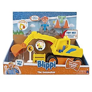 Blippi Excavator - Fun Freewheeling Vehicle with Features Including 3 Construction Worker, Sounds and Phrases - Educational Vehicles for Toddlers and Young Kids, Yellow, Multicolor, Pack 1