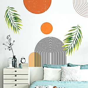 VePret Boho Mid-Century Modern Wall Decals Peel and Stick, Large Archs Sun Vinyl Wall Stickers, Removable Leaves Plants Home Decor Art for Bedroom Living Room Classroom Office