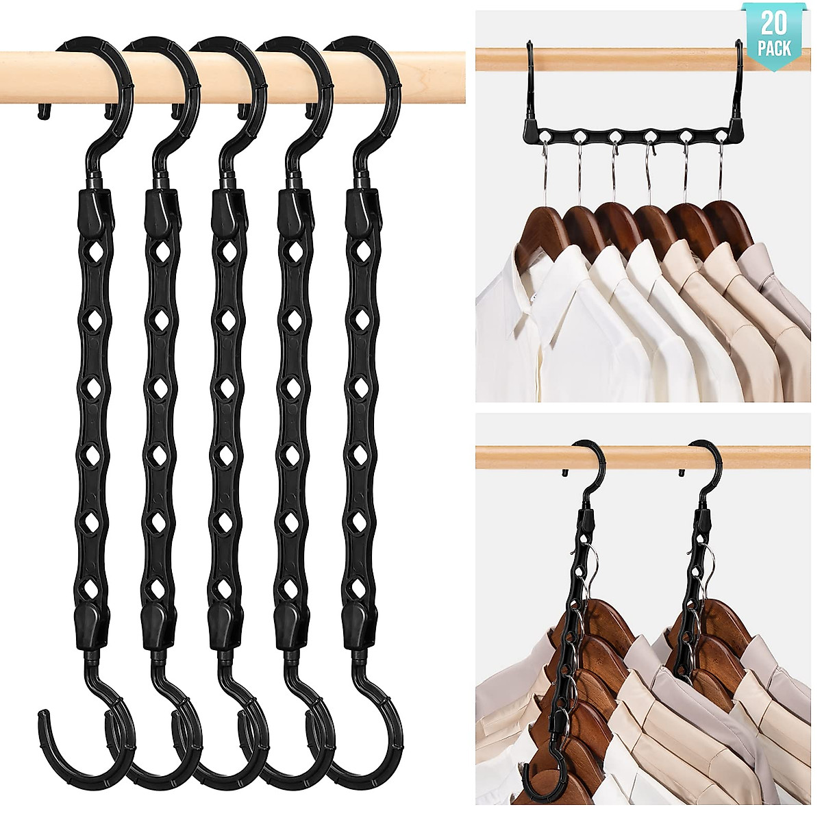 HOUSE DAY Space Saving Plastic Clothes Hangers, 20 Pack, Black, Professional Brand, Ideal for Closet Organization, Can Hold Up to 30 Pounds