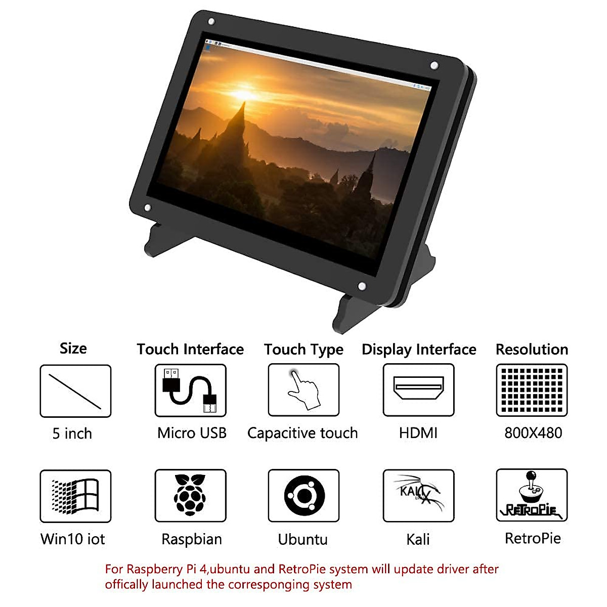 5 inch Capacitive Touch Screen for Raspberry Pi 4-800x480 Pixels HD HDMI Display Touchscreen Portable Monitor with Acrylic Case, Holder and Cables (Support Pi 3B+ & Pi 4,Windows)