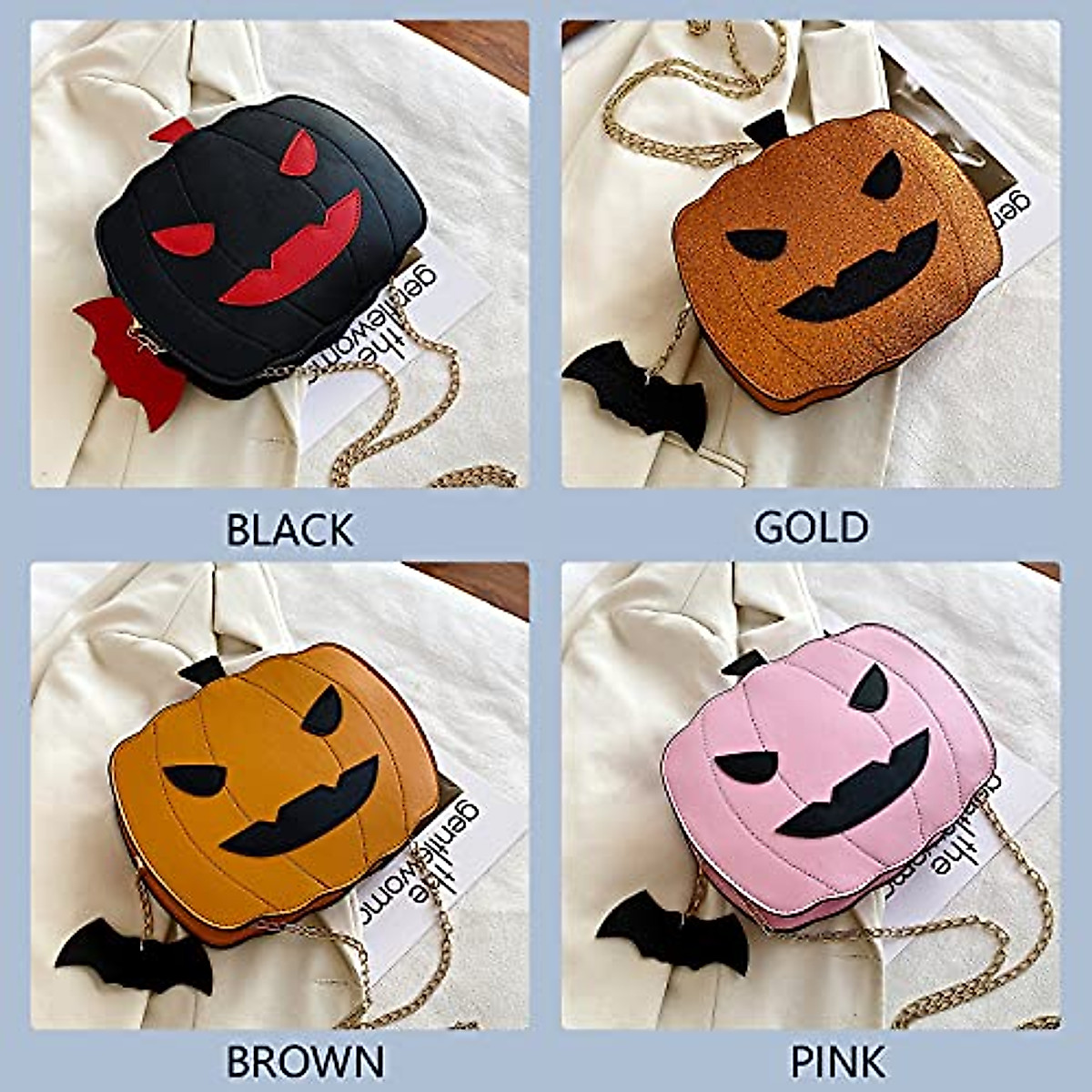 YYSS Halloween Pumpkin Crossbody Bags Women Novelty Devil Shoulder Chain Purse Bat ornament Fashion PU Trick or Treat Shoulder Handbag Creative Cute bag with Drawstring Candy Bag (Gold)