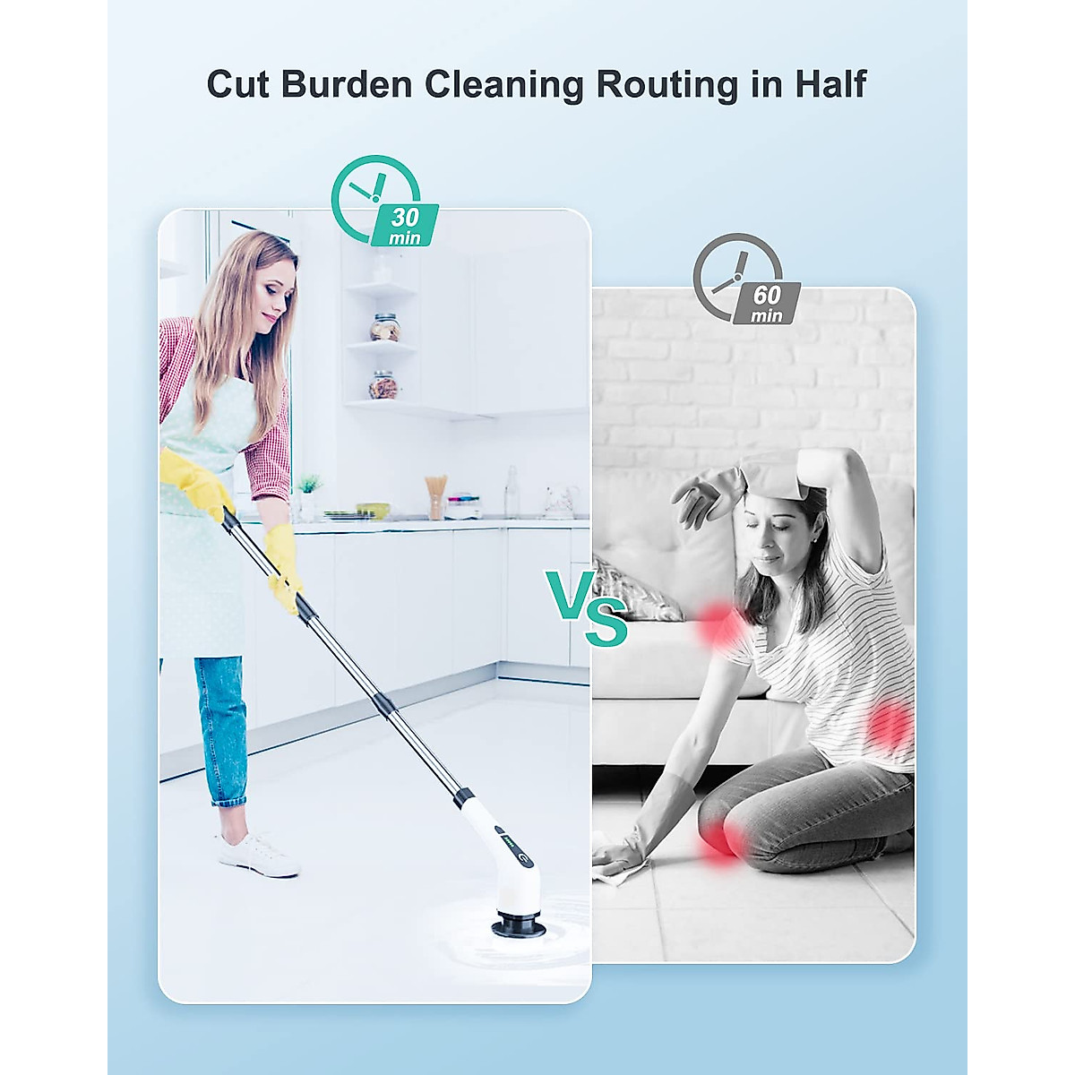 Vaxeple Electric Spin Scrubber, Cordless Cleaning Brush with 54" Adjustable Long Handle and 8 Replaceable Brush Heads, 2 Working Speed Shower Scrubber