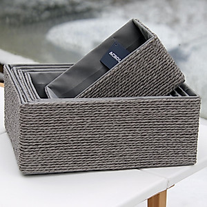 Acrola Premium 5-Pack Woven Paper Rope Storage Baskets, Multi-Size, Stackable, Versatile Organziers, Decorative Bins with Durable Fabric Liner for Home, Office, Nursery, and Bathroom, ST05002 (Grey)