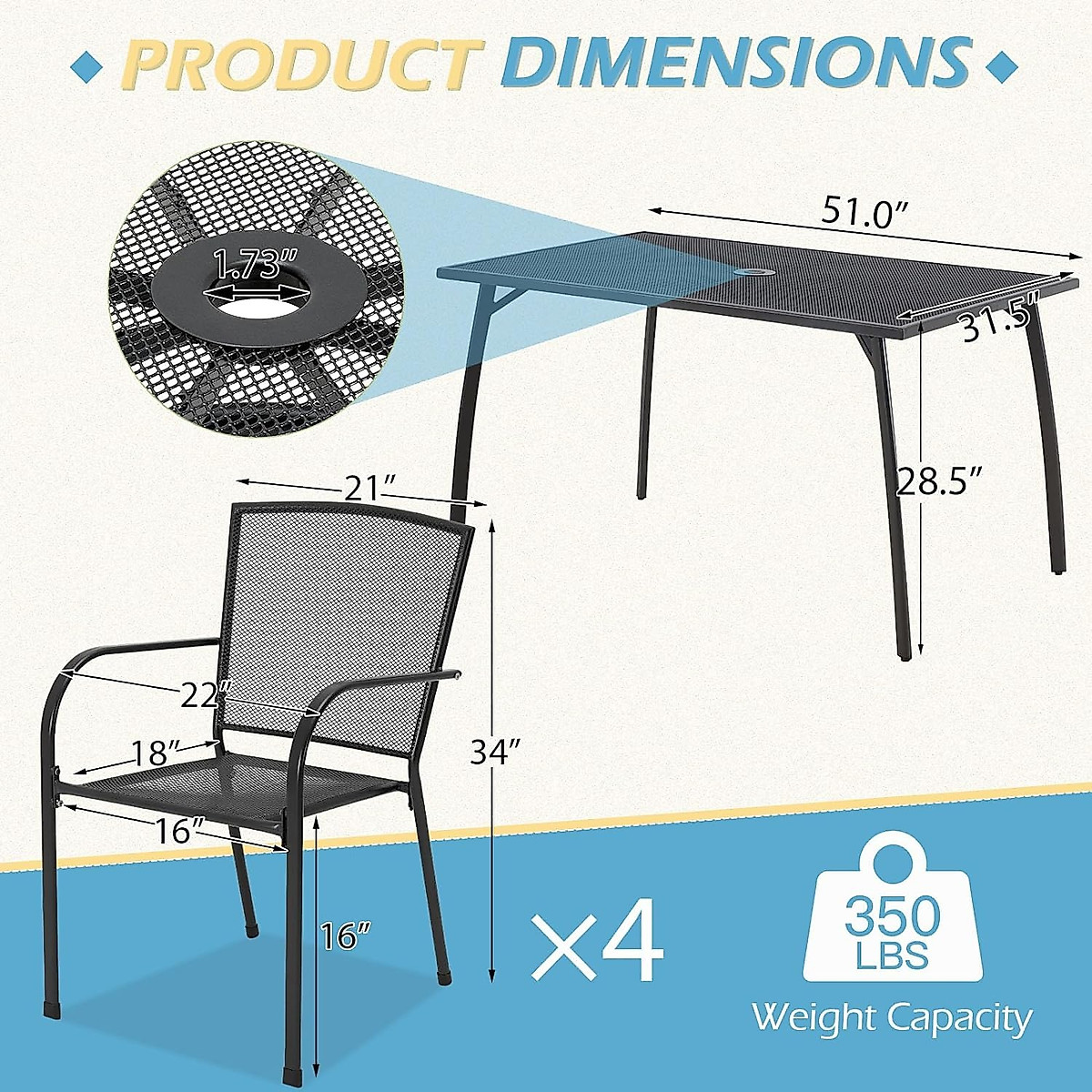 AECOJOY Metal Outdoor Table and Chairs Patio Dining Table Set for 4 Outside 51" Dining Table with Umbrella Hole Rectangle Table and 4 Stackable Chairs, Patio Furniture Set for Garden Backyard Balcony
