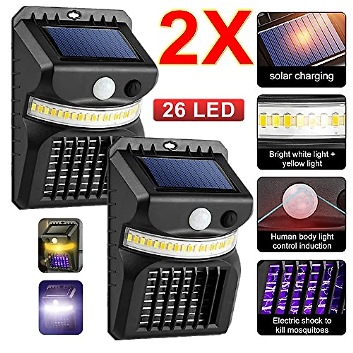 Bug Zapper Outdoor (2pack) 2 in 1 Solar Mosquito Zapper Lamps PIR Motion Sensor Wall Light Ultraviolet Electric Shock Mosquito Zapper Lamp