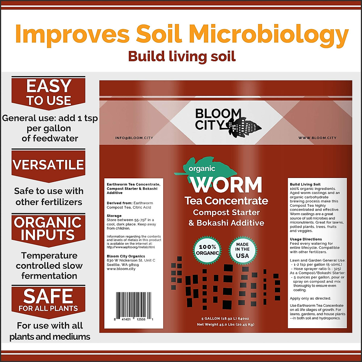 Organic Earthworm Tea Concentrate and Compost and Bokashi Booster by Bloom City, Quart (32 oz)