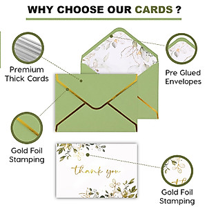 VEEYOL 100 Gold Foil Thank You Cards with Envelopes, 5x3.75 Inches Greenery Eucalyptus Thank You Notes For Wedding, Baby Shower, Graduation, Bridal, Business, Anniversary