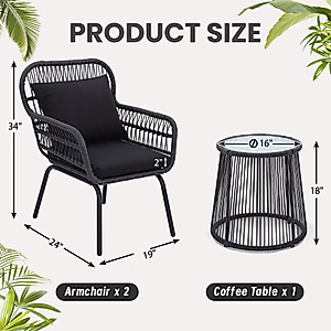 wildformers 3 Pieces Rattan Wicker Bistro Set, Outdoor Conversation Set, Wicker Furniture Set with Glass Top Table, Space Saving for Balcony, Backyard, Black