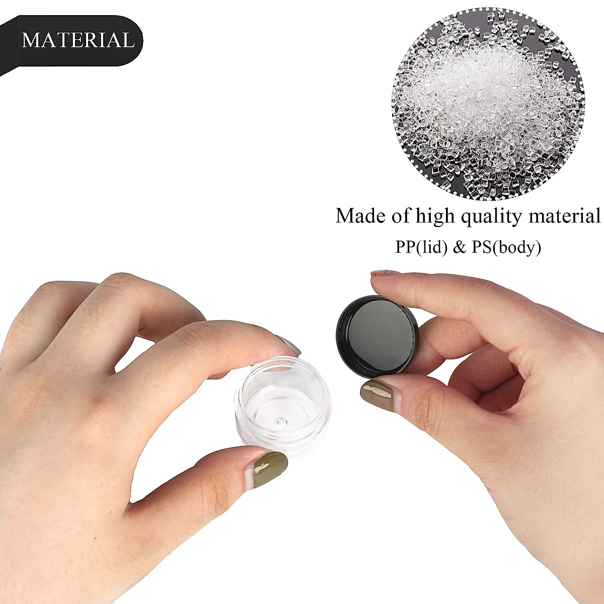 100PCS 5 Gram Sample Containers, 5ml Empty Jars with Lids, Small Cosmetic Containers, Mini Sample Jars with 8PCS Mini Spatulas for Make Up, Oils, Lotion, Powder, Paint, Jewelry, Lip Balms(Black Lid)