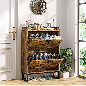 HAIOOU 2 Drawer Industrial Shoe Cabinet, Slim Freestanding Wood Shoe Rack Storage Organizer Stand with Flip Doors, Open Storage Shelf, Anti Toppling for 15-18 Pairs Rustic Brown