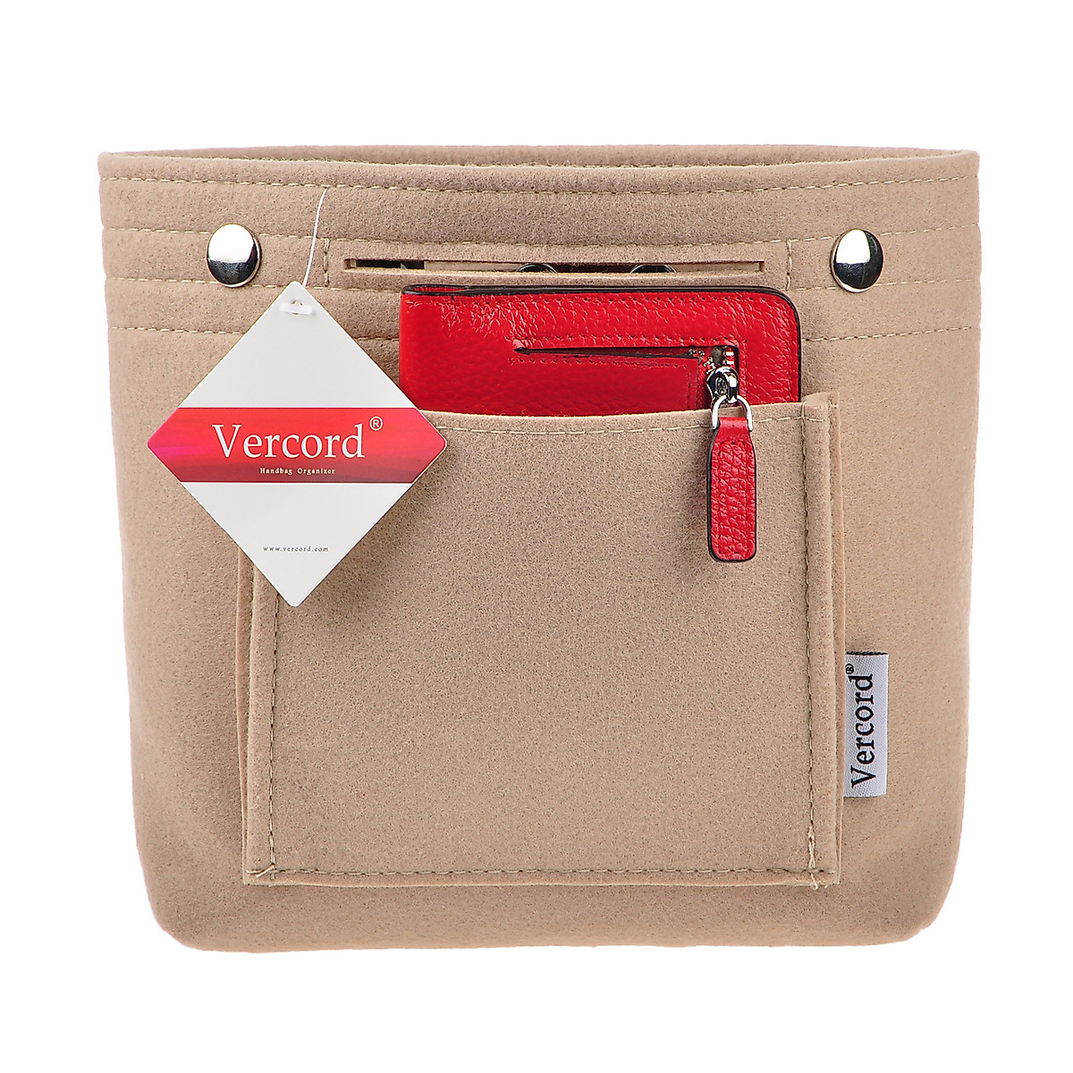 Vercord Mini Slim Small Felt Purse Organizer Insert Inside Handbag Tote Pocketbook for Women Beige